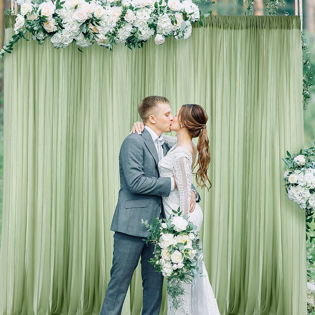 BBTO 2 Panels Sage Green Curtains for Parties Wedding Green Backdrop Curtains Polyester Wrinkle Free Window Curtains for Ceremony Birthday Bridal Shower Graduation Decorations 5ft x 10ft