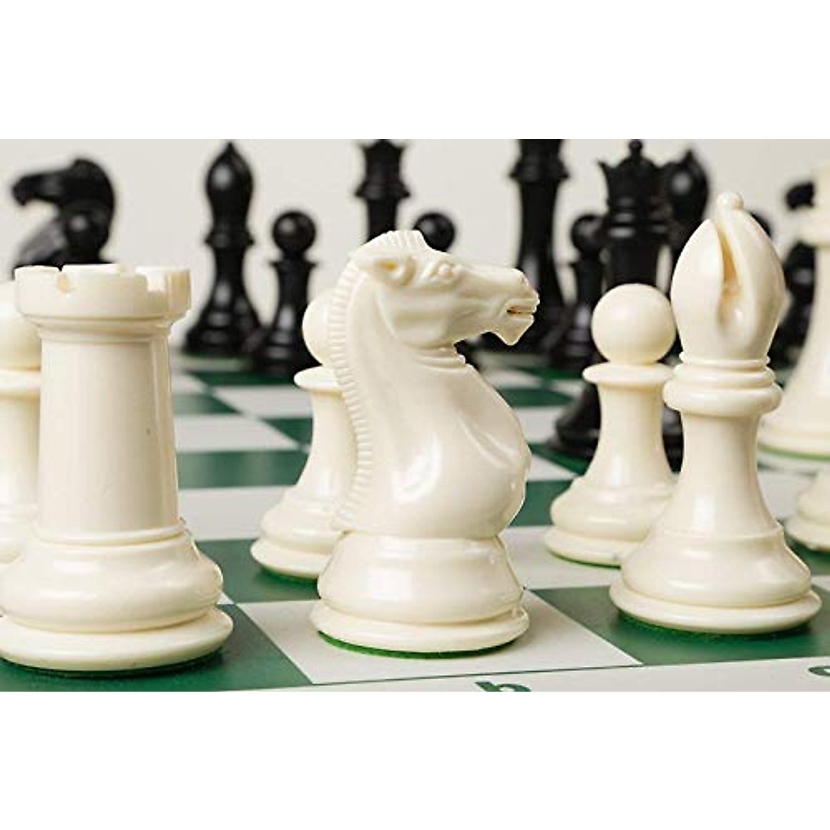 FIBVGFXD Chess Solid Wood Set, Chess Set for Adults, Tournament Chess Set, 90% Plastic Filled Chess, Pieces and Green Roll-up Vinyl Chess Board Game (43x43cm)