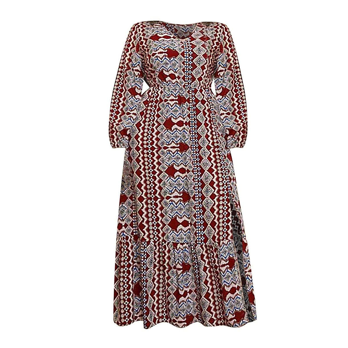 Dresses for Women Plus Size Women's Summer Casual V Neck Geometric Print Long Sleeved Loose Elastic Waist Dress Long Red
