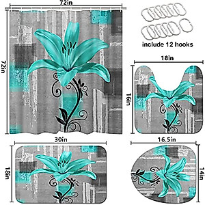 DuoBaorom 4 Pieces Set Teal Lily Flower Shower Curtain Set Geometric Floral Green and Grey Art on Non-Slip Rugs Toilet Lid Cover Bath Mat and Bathroom Curtain with 12 Hooks 72x72inch