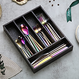 Kyraton Black Leather Wood Kitchen Flatware Drawer Organizers, Silverware Drawer Organiser and Cutlery Tray, Utensil Tray Drawer Organizer, Cutlery Flatware Organizer With Drawers