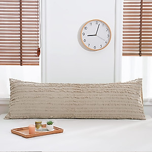 Herside Beige Body Pillow Cover Tufted Boho Body Pillow Pillowcases 20x54 Inches Long Pillow for Bed Decorative Pillow Case Stripes Tassel Jacquard Beige Pillowcase 1 Piece(Beige,Body)