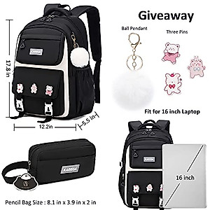 AO ALI VICTORY Backpack for Girls Set with Pencil Case 15.6 Inch Laptop School Bag Cute Kids Elementary College Backpacks Large Bookbags for Women Teens Students Anti Theft Travel Daypack - Black