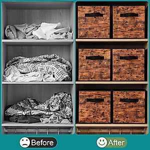 Stero Fabric Storage Cubes, 6 Pack Foldable Storage Bins with Handle, 11 Inch Storage Baskets Box for Shelves, Closet, Organizer, Rustic Brown and Black