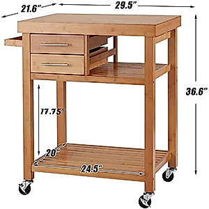 EROMMY Rolling Bamboo Wood Kitchen Island Cart, Multi-Purpose Kitchen Trolley Cart on Wheels, Rolling Kitchen Cart with Drawers, Open Storage Shelves, Towel Rack, Locking Casters
