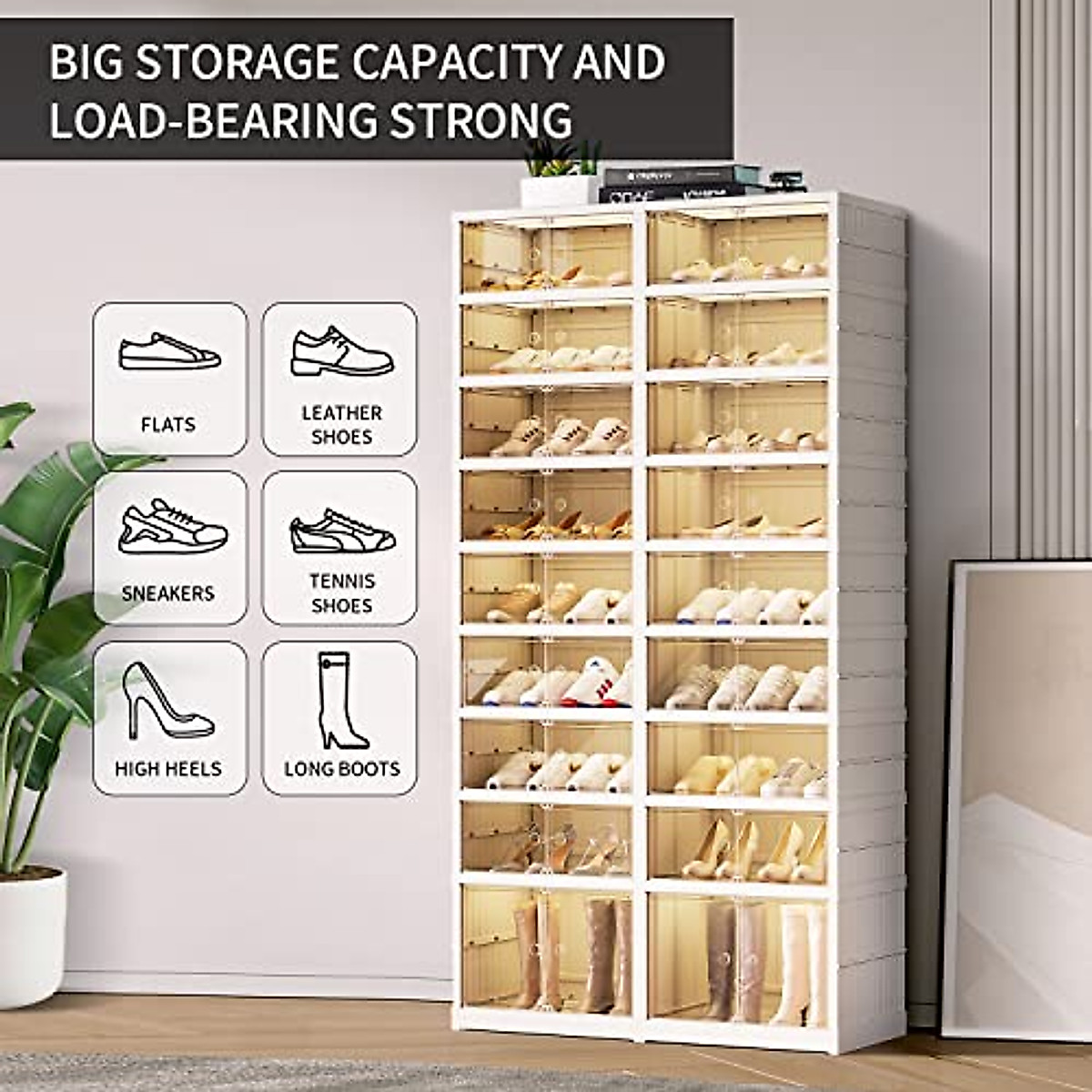 CIMLORD 9-Tier Foldable Shoe Rack Organizer for Closet 18-36Pairs Plastic Collapsible Shoes Storage Box Clear Shoe Boxes Stackable with Door Easy Assembly Shoe Cabinet Bins with Lids Large