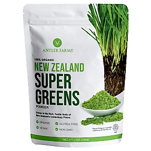 Antler Farms - 100% Pure Organic New Zealand Super Greens Powder, 40 Servings, 200g - Wheat Grass, Barley Grass, Chlorella, Spirulina - Vegan, Gluten Free, Chlorophyll Rich, for Energy and Detox