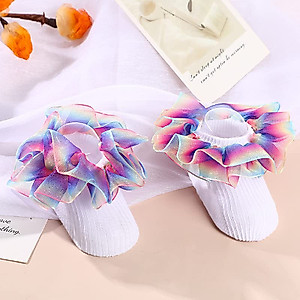 Hopply Toddler Girls Double Lace Socks Turn Cuff Shimmering Big Ruffle Rainbow Style Dress Lace Socks for Infant Kids