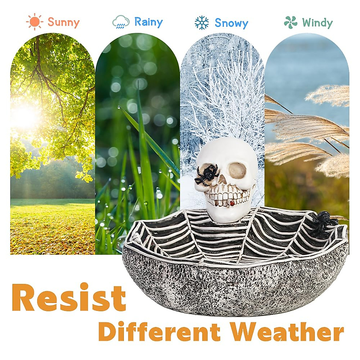 DREAMSOUL 12" Resin Bird Bath, Spider Net Bird Baths for Outdoors, Halloween Skull Birdbath Bowl for Halloween Party Garden Yard Lawn Decor