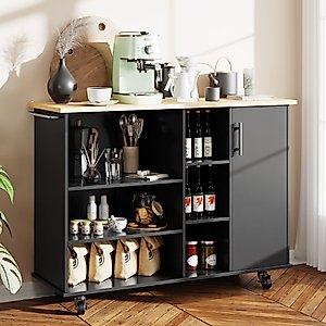 QAQA 48" Kitchen Island Cart Furniture cart on Wheels with Storage，Rolling Portable Dining Room Serving Utility Carts Mobile Movable with Drawers Cabinet,Black