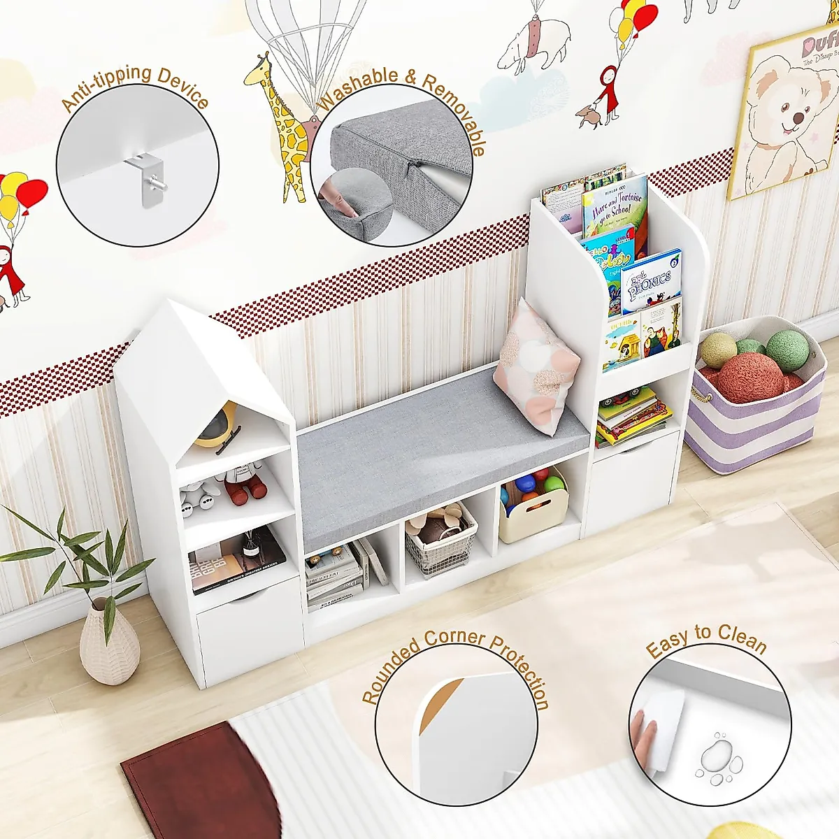 Vabches Kids Bookcase and Bookshelf with Reading Nook, Multifunctional Bookcase with 7 Storage Cubbies 2 Movable Drawers, Bookcase with Seat Cushion for Toy Storage Organizer Children's Room, Bedroom