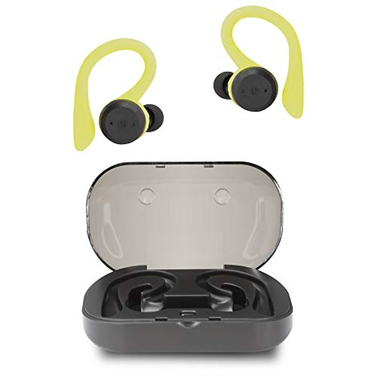 live iLive IAEBTW59B Truly Wireless Bluetooth Earbuds, Sporty Hook, Charging Case, IPX Waterproof, Neon Yellow/Black