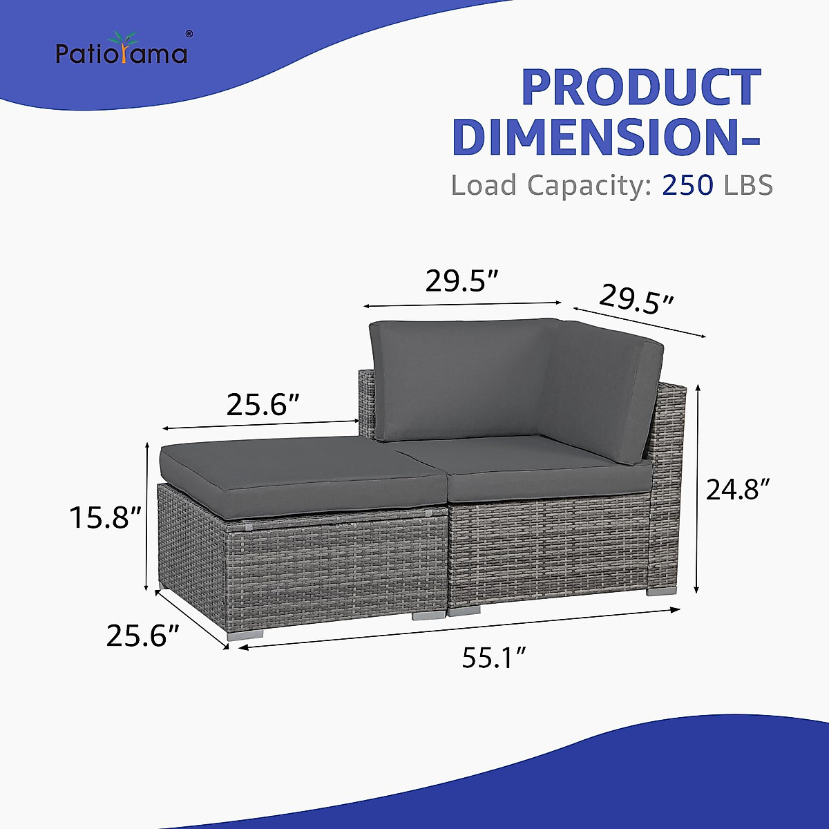 Patiorama 2-Piece Patio Furniture Sofa Set, Outdoor Sectional Sofa, All-Weather Grey PE Wicker Rattan Conversation Set, Outdoor Loveseat, Patio Seating for Balcony Garden Pool (Dark Grey Cushion)