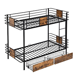 CKLMMC Twin XL Over Twin XL Metal Bunk Bed with MDF Board Guardrail and Two Storage Drawers for Kids Teens Adults