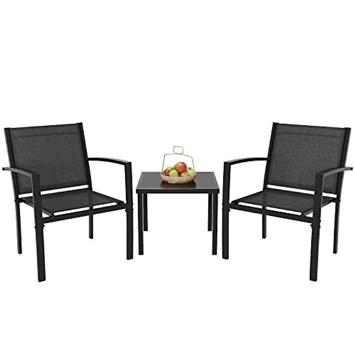 Greesum 3 Pieces Patio Furniture Set Outdoor Conversation Textilene Fabric Chairs for Lawn, Garden, Balcony, Poolside with A Glass Coffee Table, Black