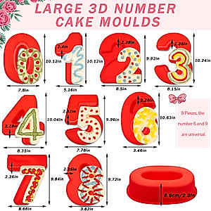 9 Pcs 10 Inch Number Moulds Baking Forms Large Silicone Number Mold 3D Cake Mold Big 0-9 Number Cake Pan Digital Baking Silicone Mould for Happy Birthday Festival Marry Anniversary Wedding (Red)