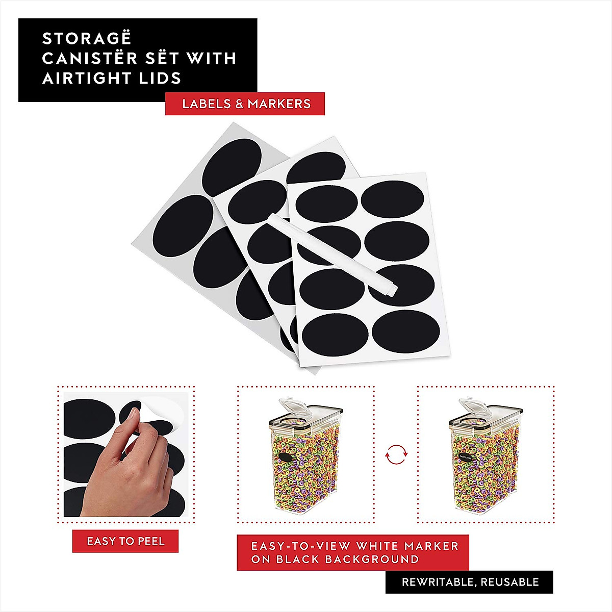 DWËLLZA KITCHEN Cereal Containers Storage Set - Cereal Dispenser Airtight Food Storage Container BPA-Free 4 Pc (135.2oz) Pantry Organization and Storage 8 Labels 1 Marker, Canister for Sugar & Flour
