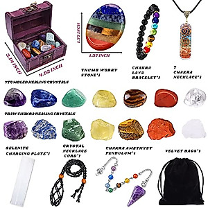 22Pcs Healing Crystals Set, Chakra Quartz Kits in Wooden Box (7 Raw and 7 Tumbled Chakra Stones, Lava Bracelet, Chakra Necklace and Amethyst Pendulum, Thumb Worry Stone, Selenite Charging Plate, etc.)