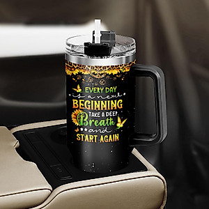 99WHALE Sunflower Leopard Motivational, Tumbler 40 Oz With Handle Lid And Straw, Sunflower Gifts, Black Handle Yellow Print Tumblers Women For Cups Coffee Butterfly Straws