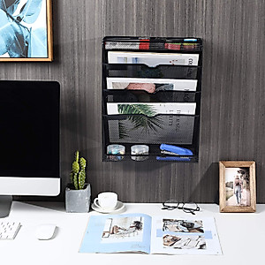EasyPAG Desk File Organizer Mesh 5-Tier Hanging Wall Mount File Holder Desktop Vertical Mail Paper Folder Holder Stand Rack with Bottom Tray and Accessories Organizer for Office Home,Black