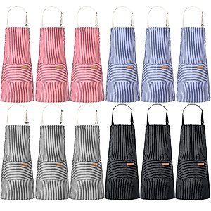 Handepo 12 Pcs Cooking Kitchen Aprons Unisex Soft Chef Kitchen Aprons with Pockets Cotton Polyester Blend Adjustable Bib Aprons for Women Men, Crafting Bbq, Black, Blue, Pink, Grey Stripes