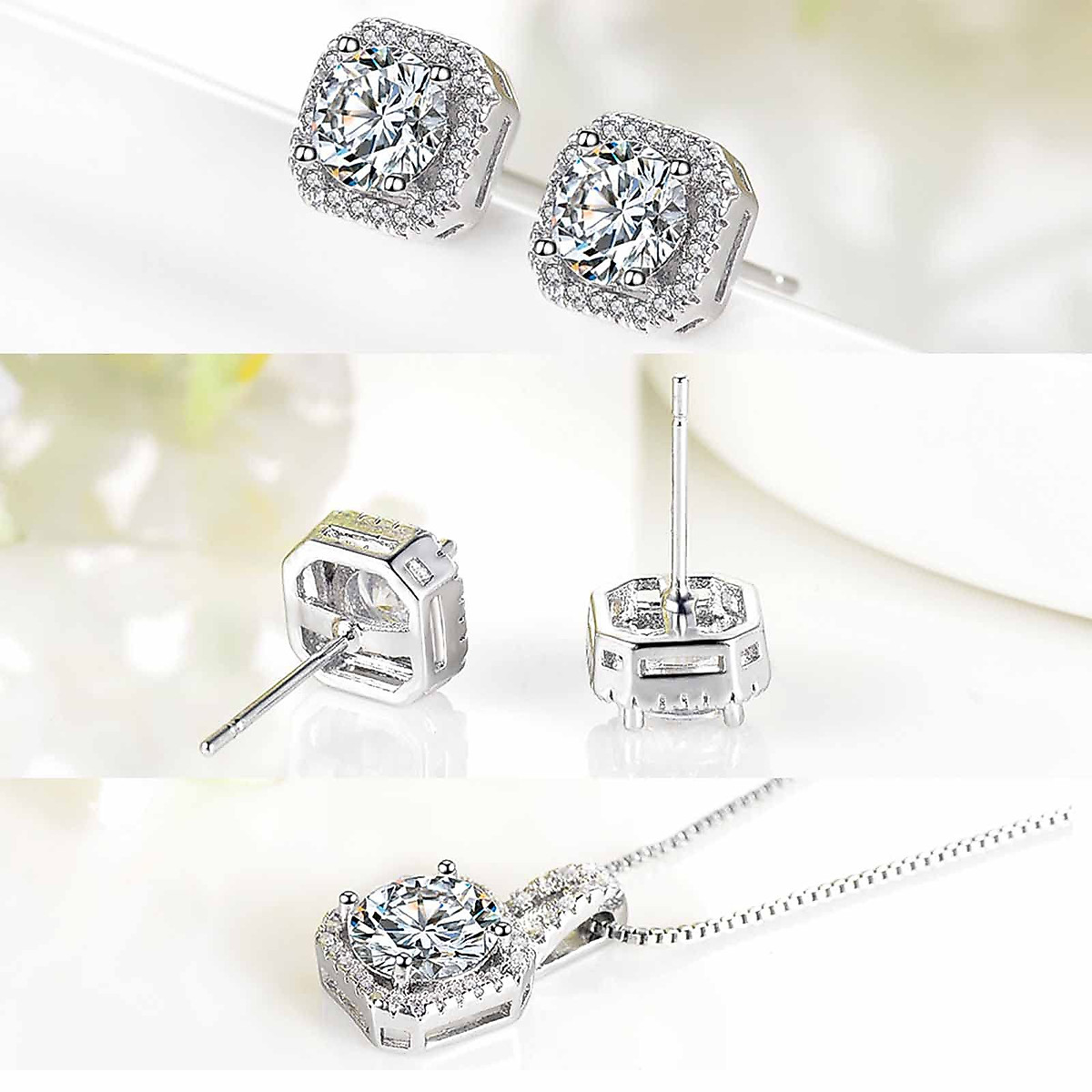 kai bao city 4pcs Set Zirconia Pendant Necklace Earrings Ring Bangle Set Silver Crystal Fashion Adjustable Zircon Jewelry for Women Teen Girls Wife Party Prom Engagement Wedding Gifts