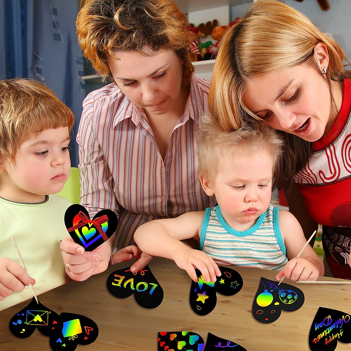 28 Pieces Valentines Crafts for Kids,Rainbow Scratch Paper Ornaments,Heart Shape Scratch Craft Art Kit for Class Valentines DIY Art Activity,School Valentines Day Gifts for Kids