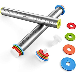 Rolling Pin, Silicone Baking Pastry Mat, Smooth Stainless Steel Roller, 4 Removable Adjustable Thickness Non Stick Rings Rolling Pins for Baking Dough, Pizza, Pie, Pastries, Pasta, Cookies, 2 Pcs