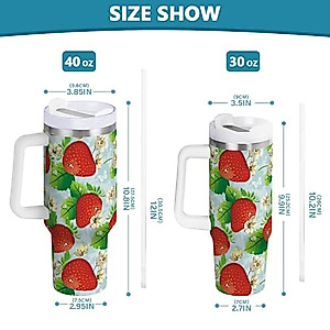 Wfrish Tumbler with Handle and Straw Lid,Red Ripe Strawberry Flowers Blue 40 oz Insulated Coffee Cup Stainless Steel Fruit Water Bottle Travel Mug Cupholder Friendly,Gifts for Women Men