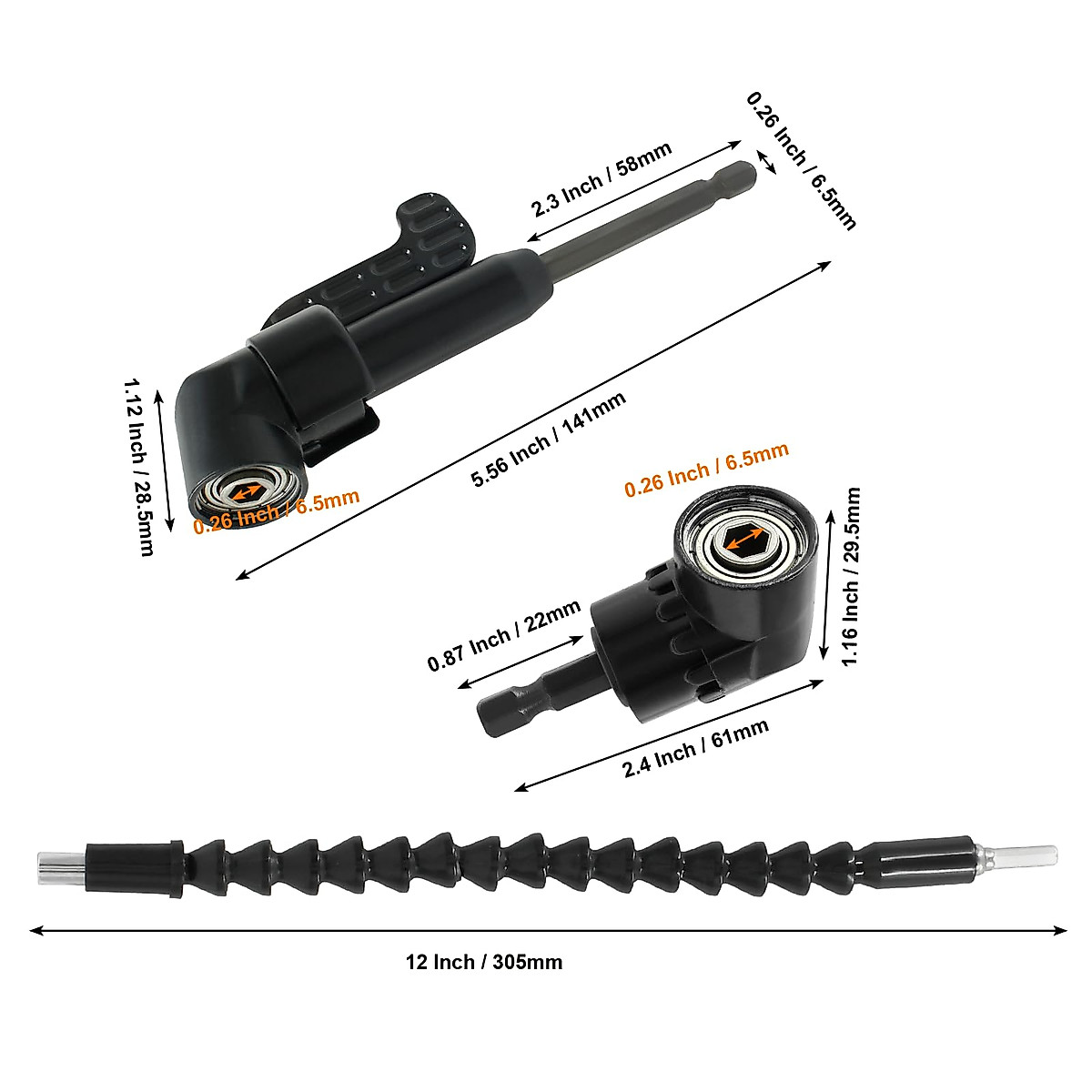 Hordion 3Pcs 105 Degree Right Angle Drill Extension Power Screwdriver Drill Attachment, 1/4 Drive Hex Bit Flexible Screwdriver for Screwdriver Drill（Black）