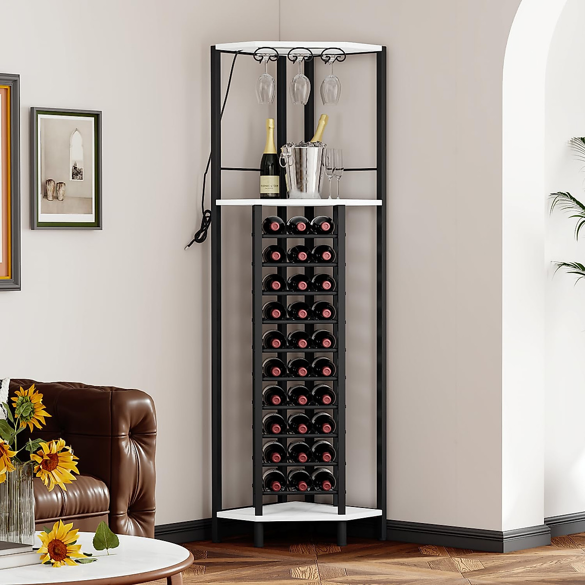 Homeiju Corner Wine Rack with Glass Holder and Led Strip Light, Corner Bar Wine Racks Free Standing Floor, Industrial Corner Bar Cabinet for Kitchen, Dining Room, Living Room or Cellar