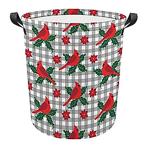 Cardinal Bird Holly Leaves and Poinsettia Flowers Foldable Laundry Basket Waterproof Hamper Storage Bin Bag with Handle 16.5"x 16.5"x 17"