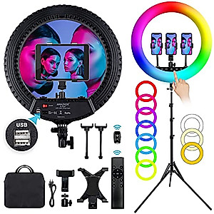 18 inch RGB Ring Light Kit AMAZKER LED with Stand and Phone iPad Holder 25 Color Modes 3000-6000K Dimmable 10 Brightness Level Up to 5000 Lux Circle Light for Live Stream/Makeup/YouTube/Vlog/Tiktok