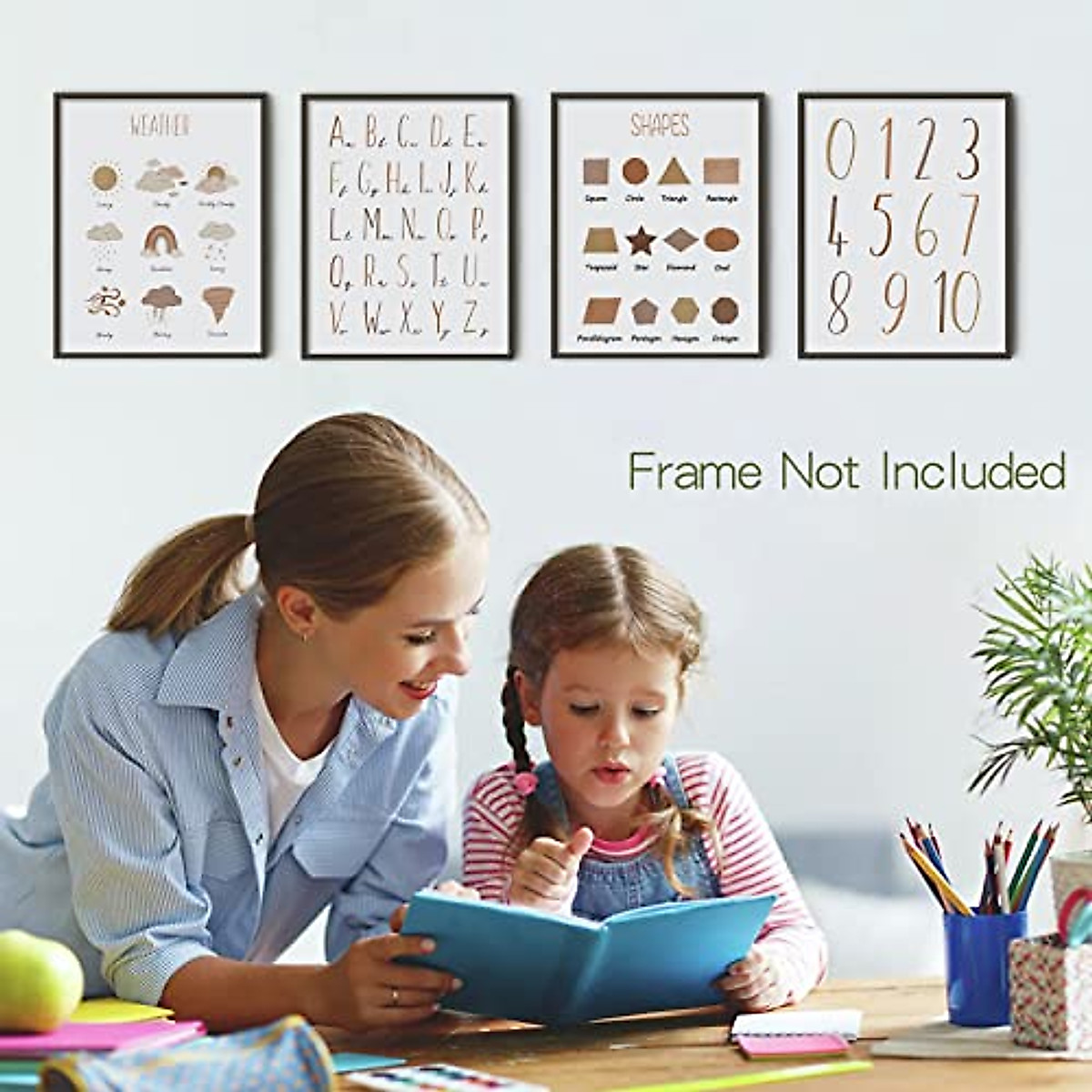 LIYAOLI Alphabet Poster for Toddlers Wall Art Print Boho Rainbow Wall Decor Numbers Weather Abc Poster 11 x 14 inch Set of 6 Unframed for Classroom Kids Nursery Playroom Neutral Wall Decor