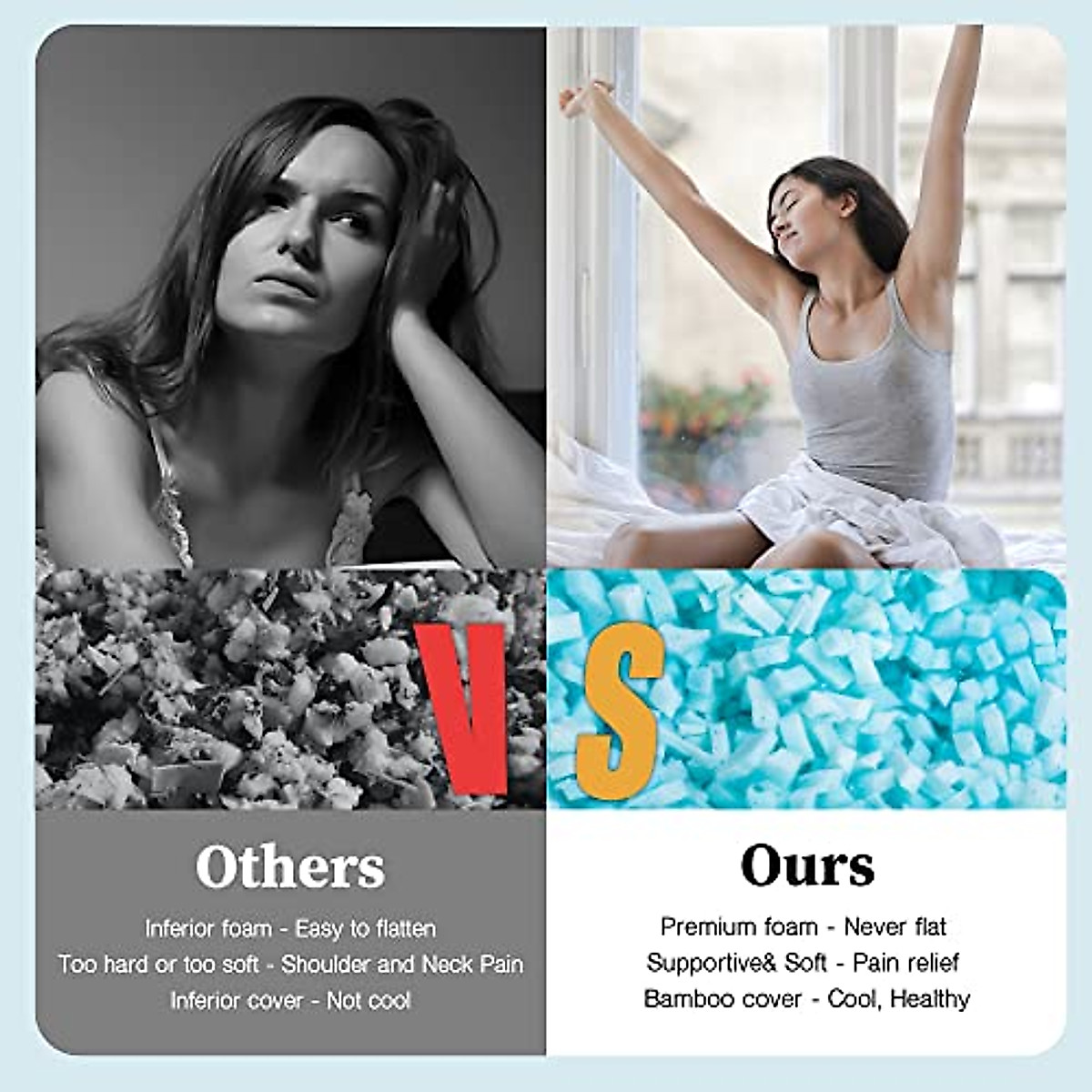 4R Pillows Queen Size Set of 2 - Cooling Shredded Memory Foam Pillow - Firm and Soft Adjustable Bed Pillow for Sleeping - Bamboo Pillow for Back/Stomach/Side Sleepers - Oeko-TEX Certified