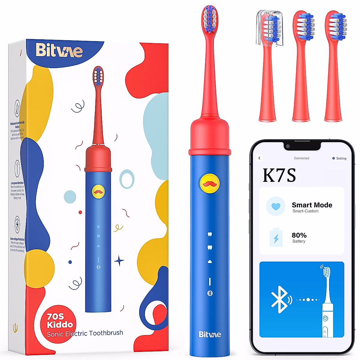 Bitvae K7S Kids Electric Toothbrush for Age 4+, Rechargeable Power Toothbrush with Pressure Sensor, Bluetooth Kids Toothbrush Boys and Girls, 3 Modes, 2Mins Smartimer, Soft (Blue)