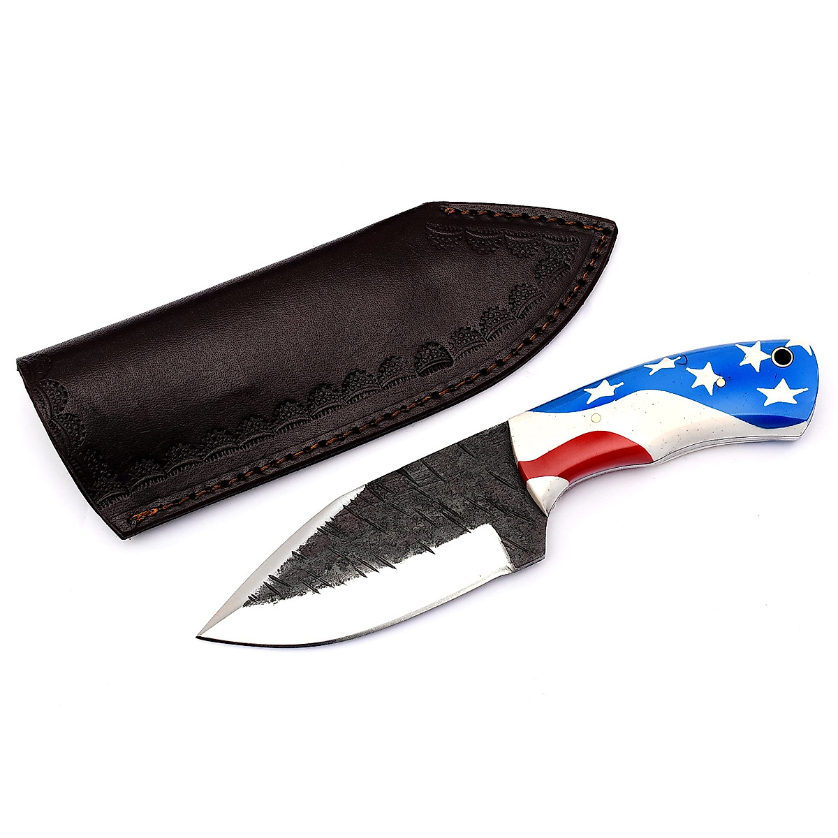 Custom Handmade High Carbon Steel Hunting Skinning Knife Outdoor Camping Hiking Bushcraft Resin American Flag Handle Hand forged Full Tang Knife With Leather Sheath