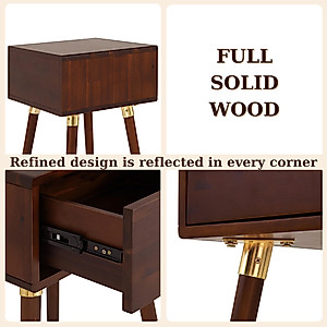 Bme Caden Solid Wood Nightstand/Side Table/End Table, Fully Assembled, with 1-Drawer for Mid Century Bedroom and Living Room, Walnut