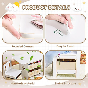 Vilaxing Kids Table and Chair Set (2 Chairs Included), Wooden Toddler Table and Chairs Set with 6 Storage Bins Boxes, Children's Furniture, Water Resistant, Easy to Clean, Gift for Boy & Girl, White