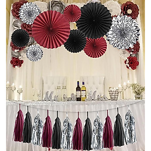 24PCS Maroon Decorations Burgundy Black Silver Party Paper Streamers Tassel Banner Garland Paper Flower Fans Wall Hanging Backdrop Graduation Birthday Bridal Shower Wedding Décor