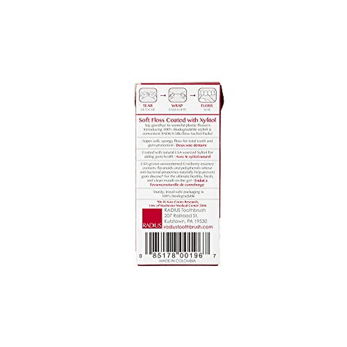 RADIUS Travel Vegan Dental Floss SACHET SINGLE Cranberry Vegan, 20 Count