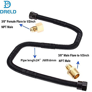 1/2" OD x 3/8" ID 24" Non-Whistle Flexible Flex Gas Line Connector Kit for NG or LP Fire Pit and Fireplace Hose - 1/2" Male Flare x 1/2" Male NPT Fitting End