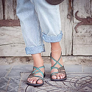 Plaka Palm Leaf Flat Summer Sandals for Women | Perfect for The Beach Walking & Dressy Occasions | Turquoise Gray | Size 8