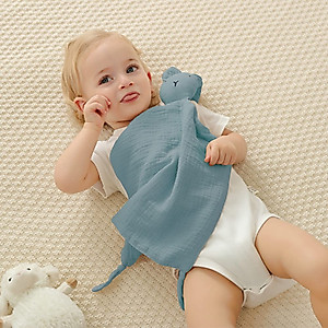 insular Bunny Lovey Blanket for Boys and Girls, Organic Cotton Muslin Security Blanket for Babies, Soft Breathable Lovie Soothing Towel for Newborn and Infant, 2 Pcs Set (Blue&Grey)