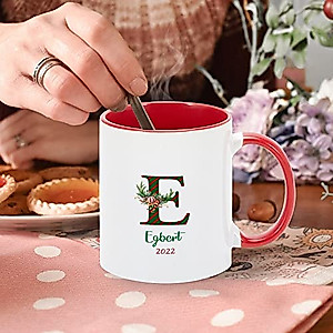 Two_Tone Red Mug Personalized 2022 Christmas Name Coffee Mug, Pine Berry Green & Red Stripe Initials E Funny Coffee Mug Cup, A to Z 26 Alphabet Mug Tea Mug Gift 11 OZ