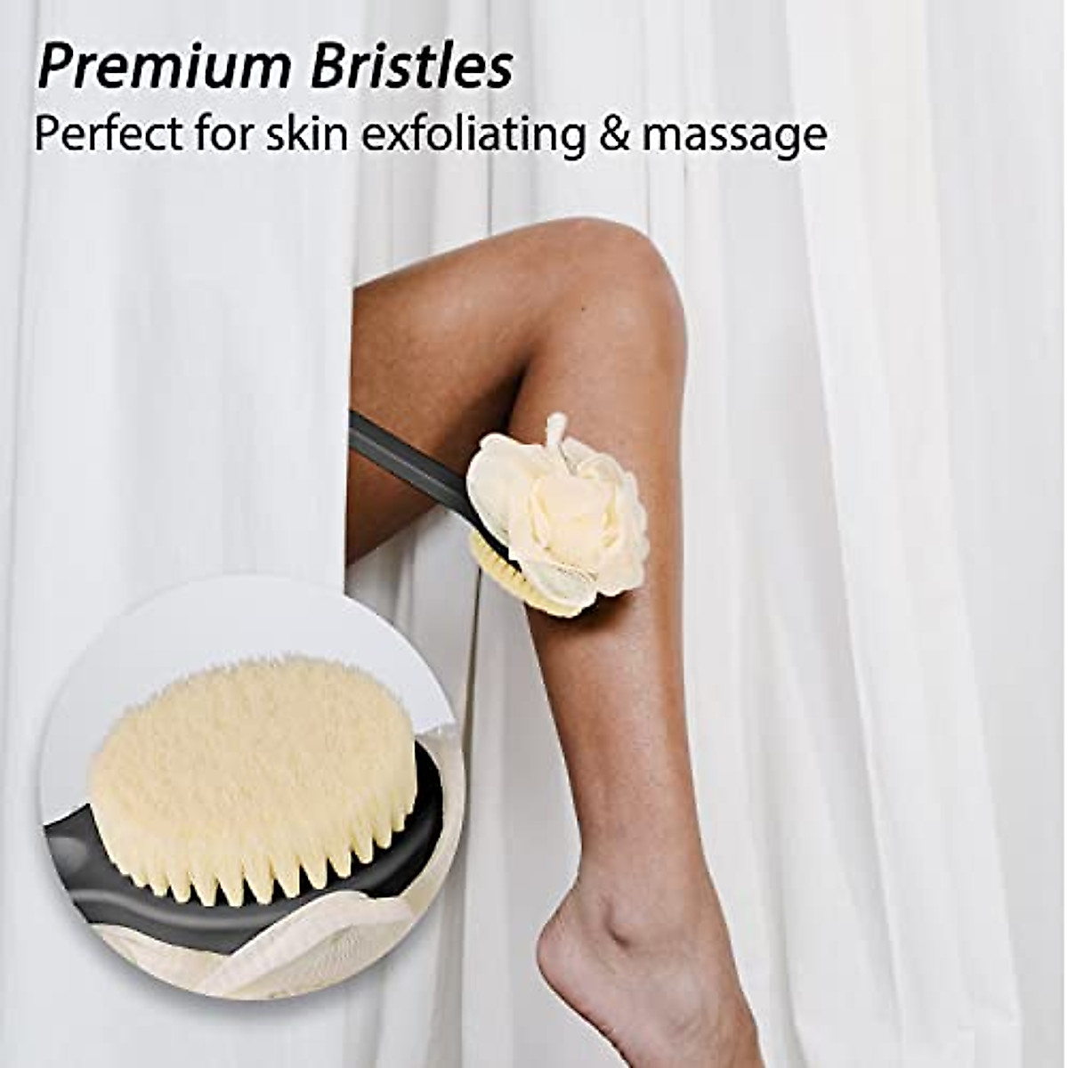 IMAVO Shower Body Brush,Dual-sided Bath Brush with Bristles and Loofah,Long Handle Back Scrubber for Shower,Anti Slip Back Washer for Skin Exfoliating,Suitable for Wet or Dry Brushing(Black)