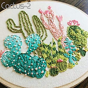Highkick Embroidery Starter Kits for Adults Beginners with Stamped Pattern, Embroidery Floss + Needles + Hoop, Cactus Series, 3 Pack