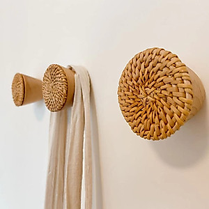 Bohoify 3pc Boho Rattan Wicker Woven Wood Wall Hooks, Handmade Wall Mounts, Rustic Wooden Hook for Hats, Scarfs, Bags, Decorative Home Decor Bathroom Clothes Hanger Organizer (50mm x 35mm, Caramel)