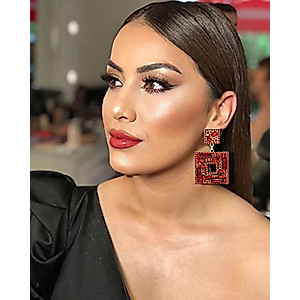 Mejialaa Women's Fashion Crystal Square Dangle Statement Earrings Geometric Shaped with Rhinestone Drop Earrings for Party Prom Ruby Color Gold-Tone