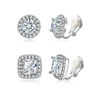 EVER FAITH Wedding Clip-on Earrings White Gold Plated Round Square Cubic Zirconia Bridal Halo Stud Earring Set for Bride,Woman (2 Pairs)